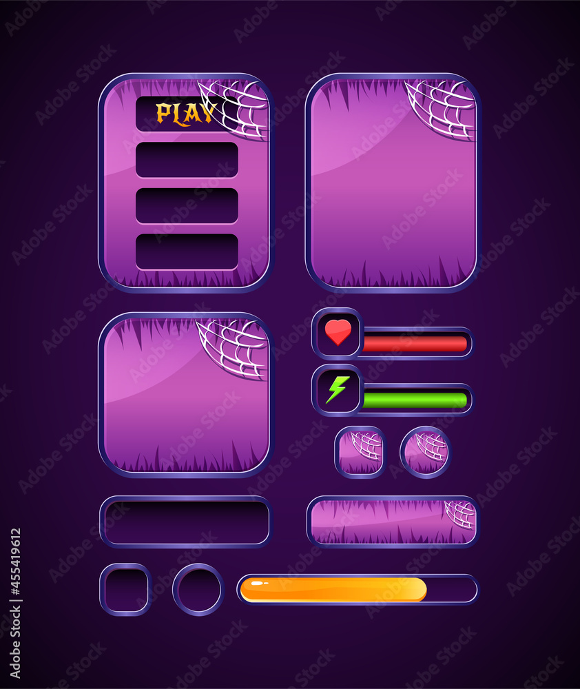 Dark Violet Game Ui Halloween Kit Set Template With Bar Button And Board Pop Up Interface