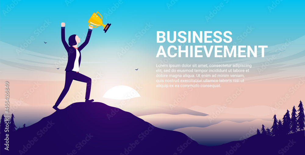Woman business achievement - Female person standing on mountaintop with ...