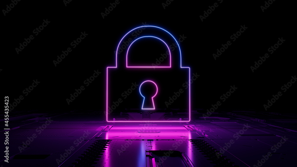 Pink and Blue neon light lock icon. Vibrant colored Security technology ...