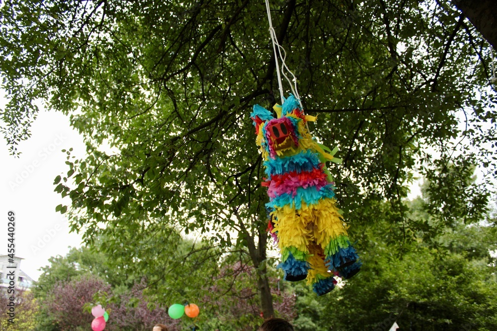 Pinata a cute colourful donkey full with confetti and candies. Broken ...