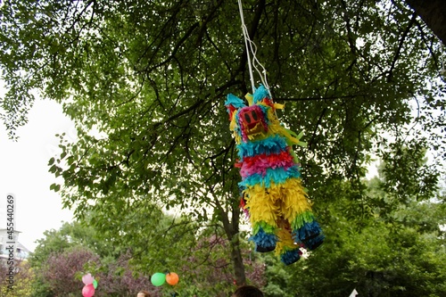 Pinata a cute colourful donkey full with confetti and candies. Broken ...