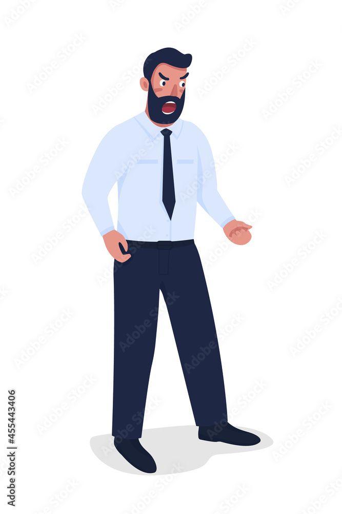 Angry bearded man in suit semi flat color vector character. Standing ...