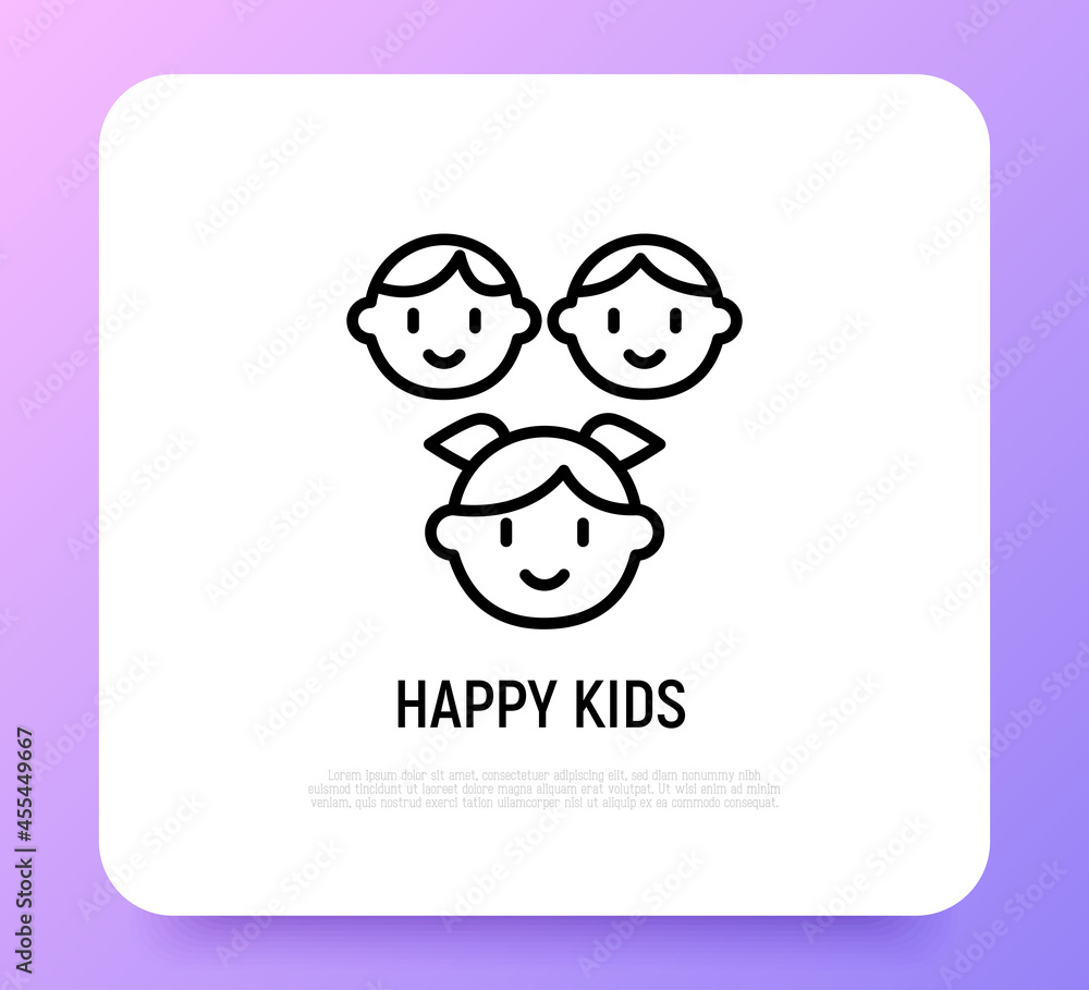 Happy smiling kids thin line icon, girl with tails and two boys. Modern ...