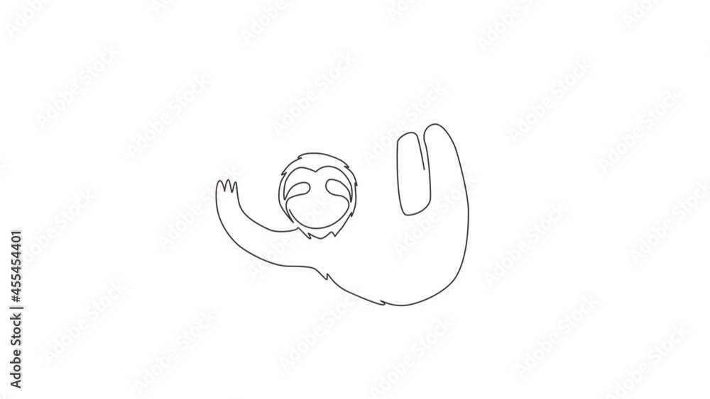 Animation of one single line drawing of lovely adorable sloth hanging ...