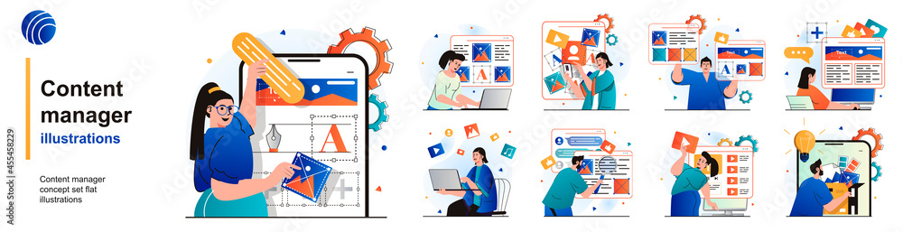Content manager isolated set. Filling site with pictures and graphic ...