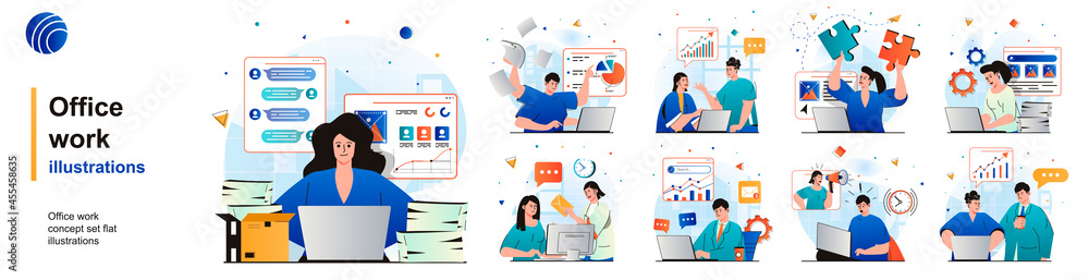 Office work isolated set. Employees analyze data, paperwork, perform ...
