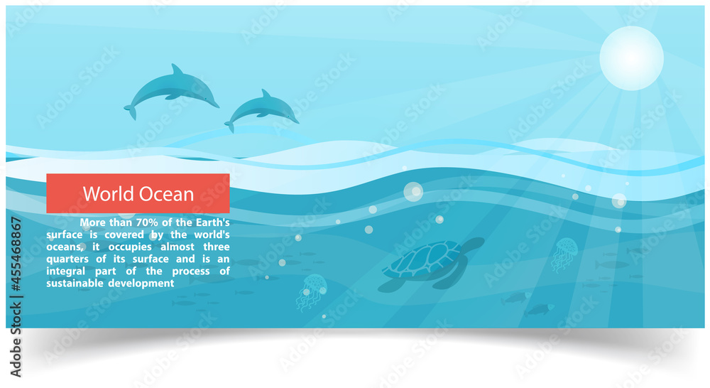 Ocean banner with dolphins, fish, jellyfish and turtle. Underwater life ...