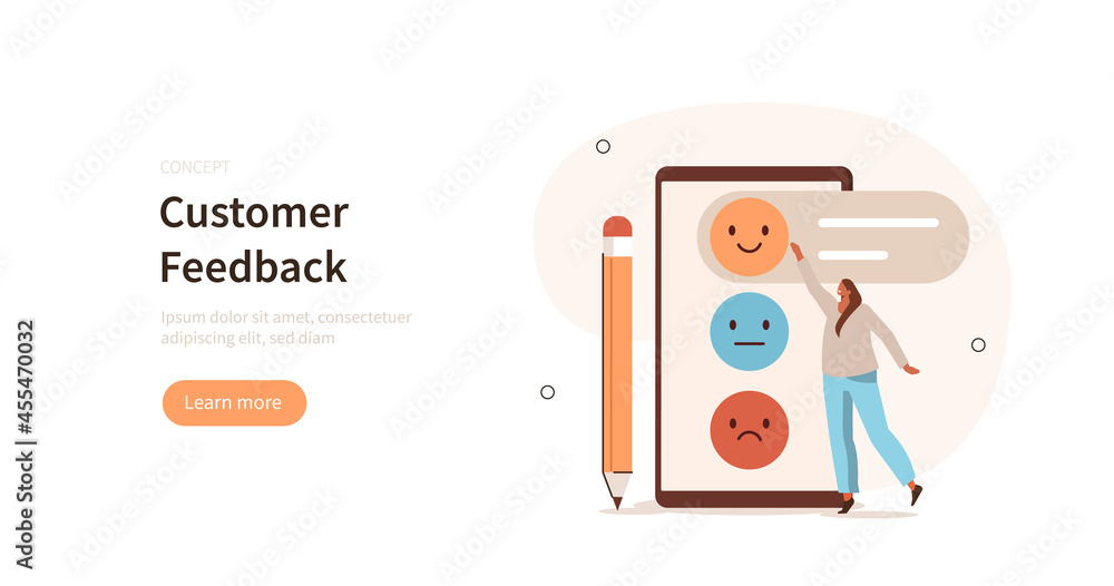 Character giving feedback. Woman writing comment and choosing emoji to ...