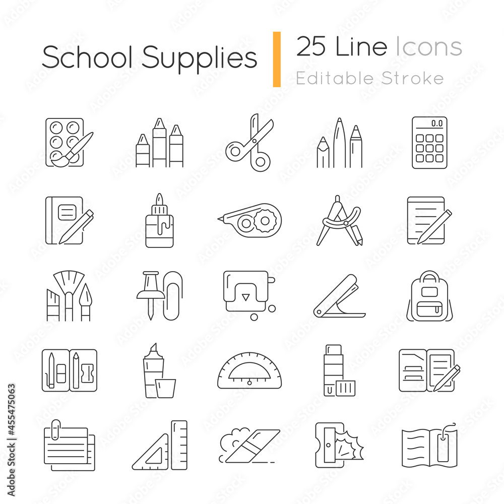 School supplies linear icons set. Must-have items for back to school ...