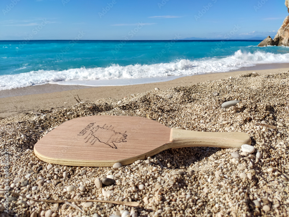 Matkot greek paddle beach tennis game wooden racket with map of Lefkada ...