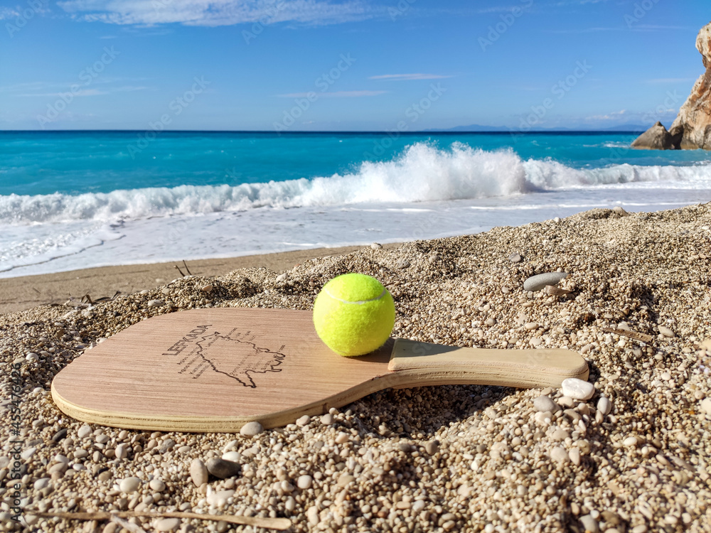 Matkot greek paddle beach tennis game with ball and wooden racket with ...