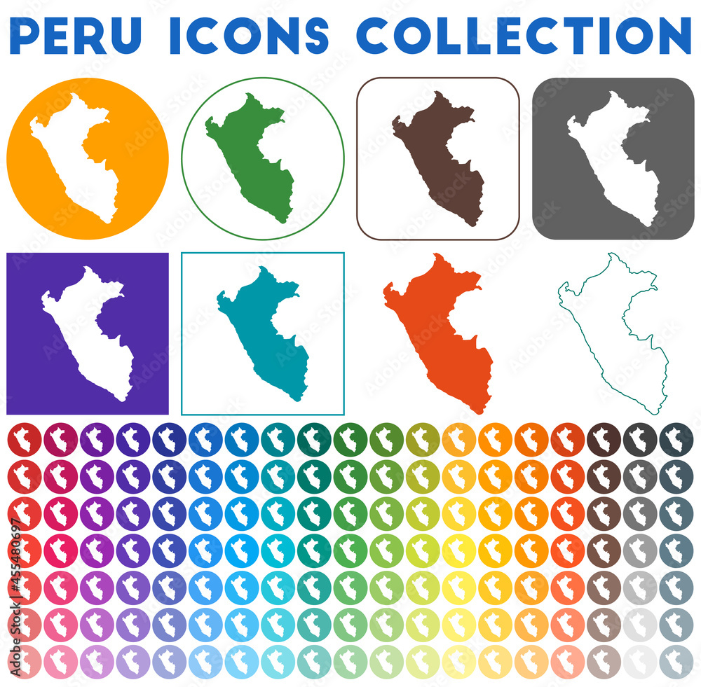 Peru icons collection. Bright colourful trendy map icons. Modern Peru ...