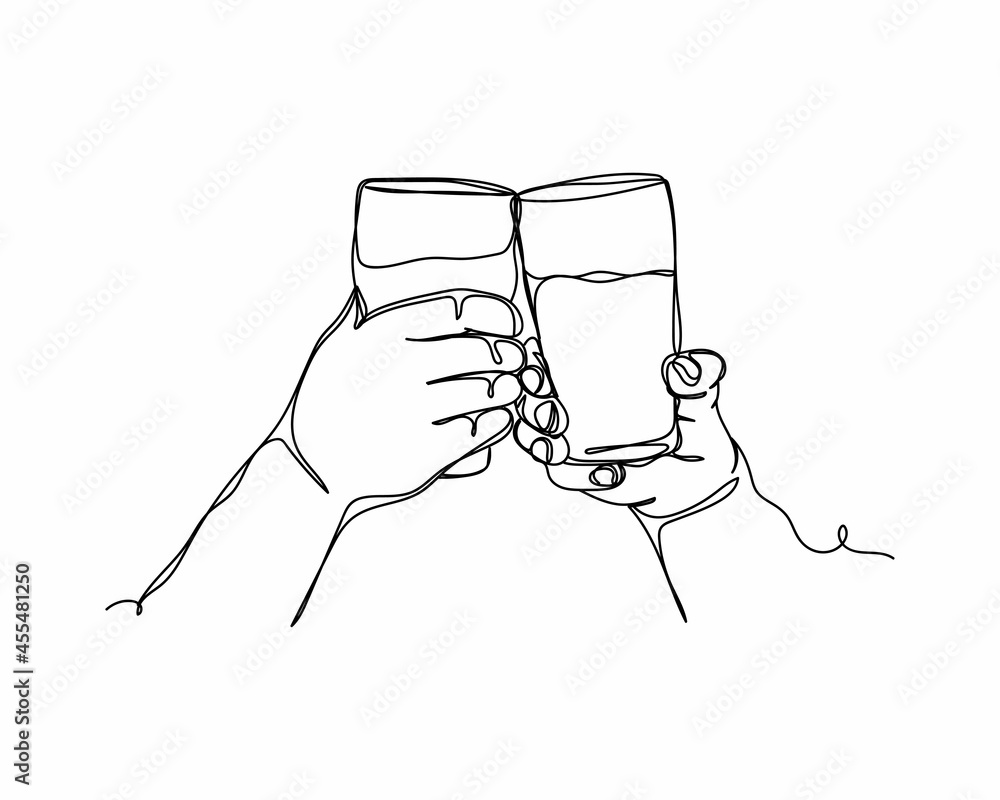 Continuous one line drawing of hands holding glasses with beer icon ...