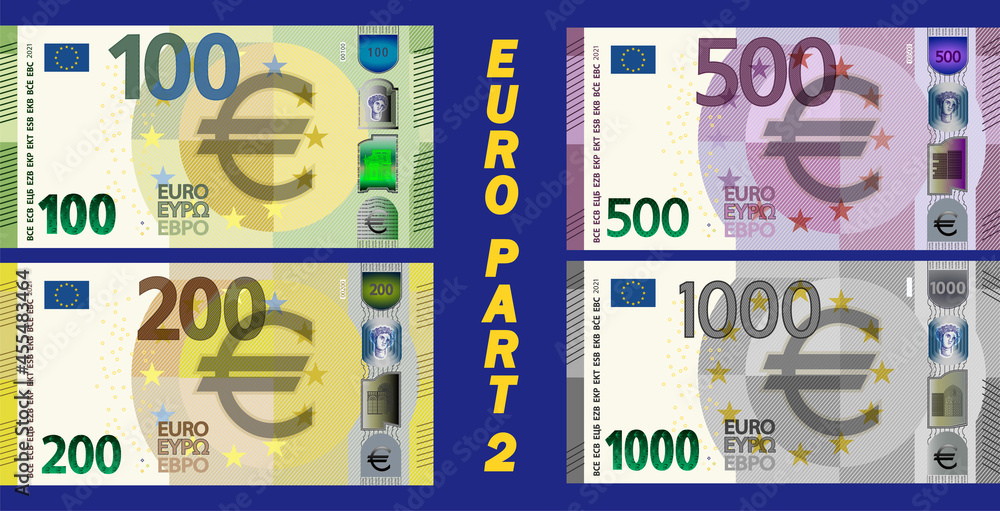 A fictional set of obverse of European Union paper money. Banknotes in ...