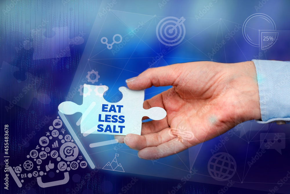 Text showing inspiration Eat Less Salt. Word Written on reducing the ...