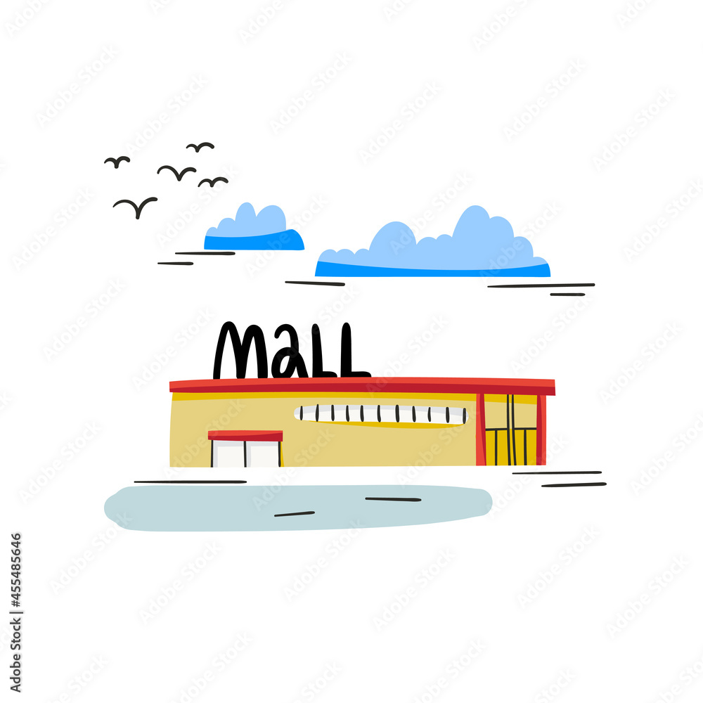 Cartoon mall in red and yellow colors isolated on white background ...