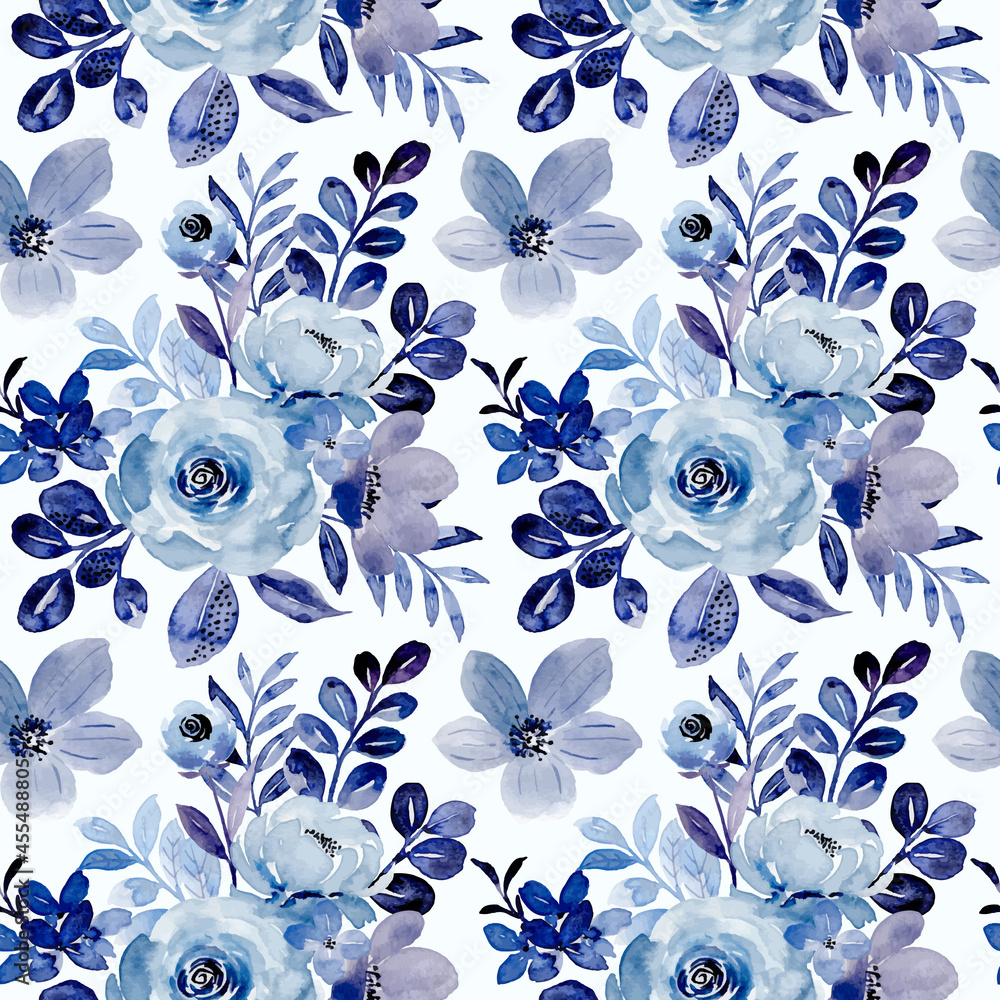 Seamless pattern of blue floral watercolor Stock Vector | Adobe Stock
