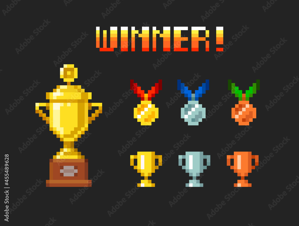 Vetor do Stock: Pixel art 8-bit trophy cups and medals on ribbon icons ...