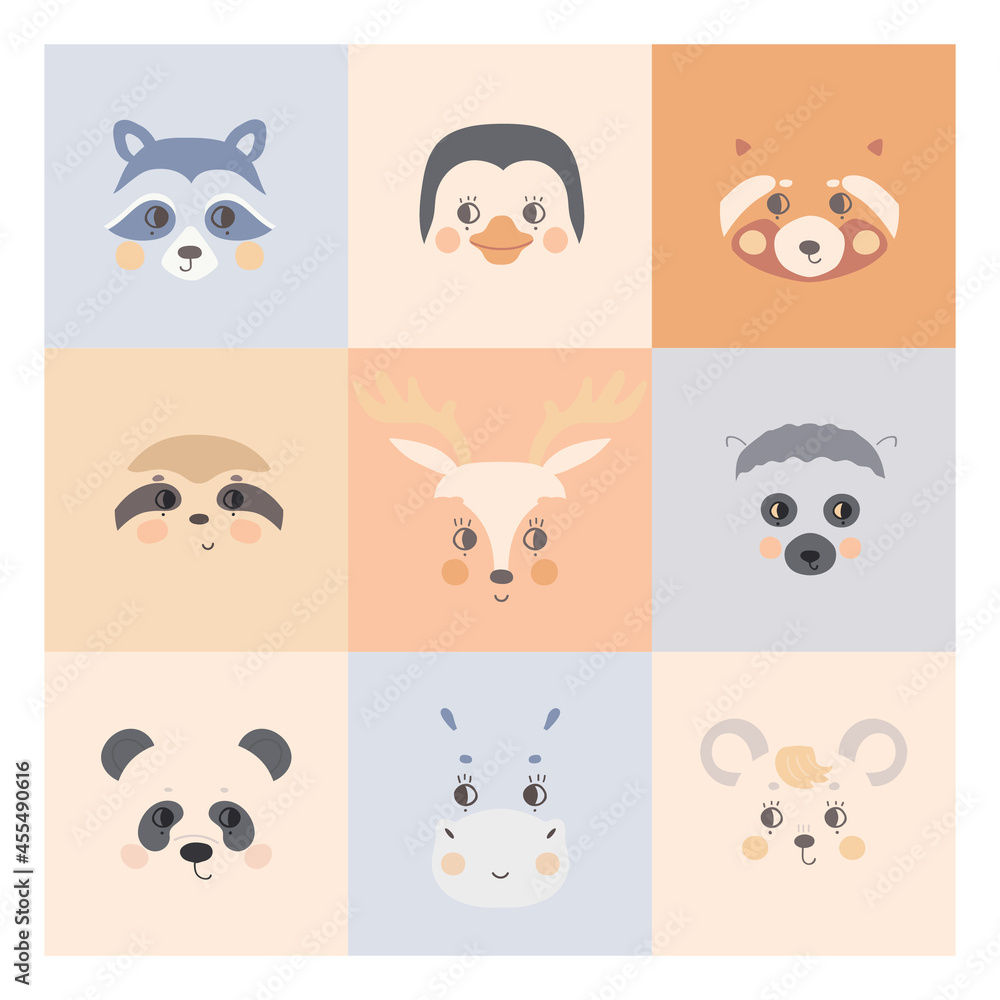 Cute simple animal faces on colorful backgrounds. Portrait of a cartoon ...