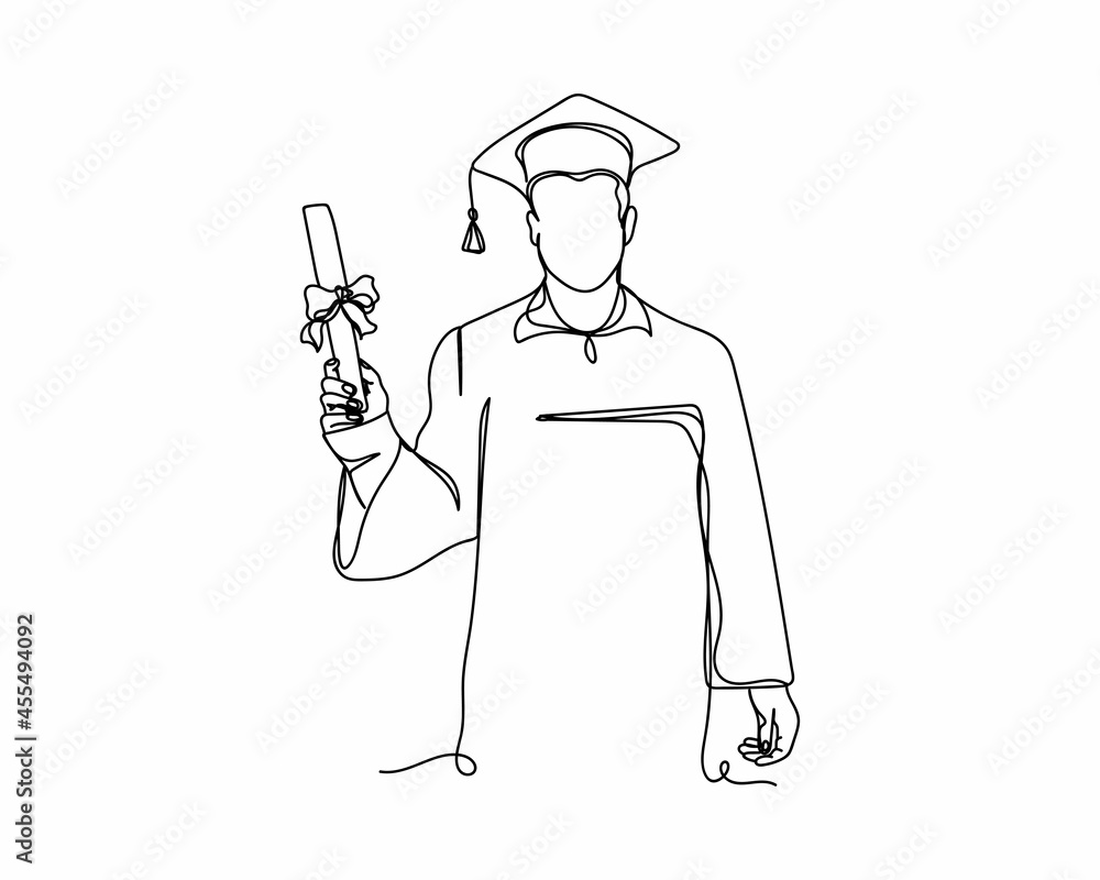 Continuous one line drawing of student with diploma after graduation in ...