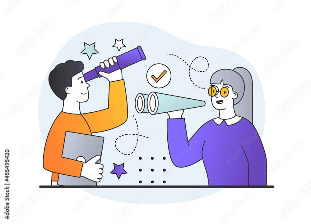 Man and woman standing with binoculars in their hands. People looking ...