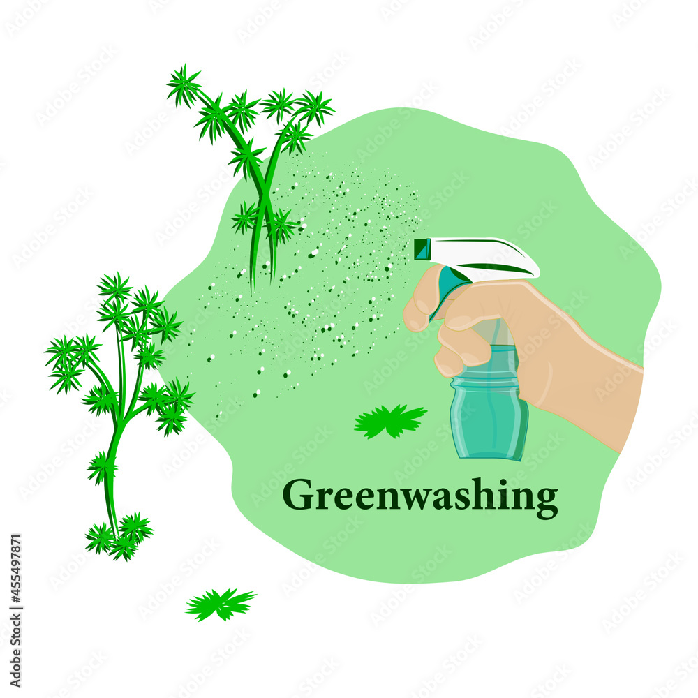 Green background with flowers, A hand in a rubber glove holds a bottle ...