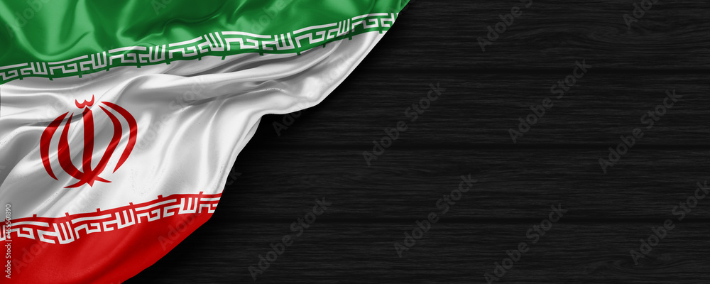 Close Up of Iran flag on the black wooden background 3D render Stock ...