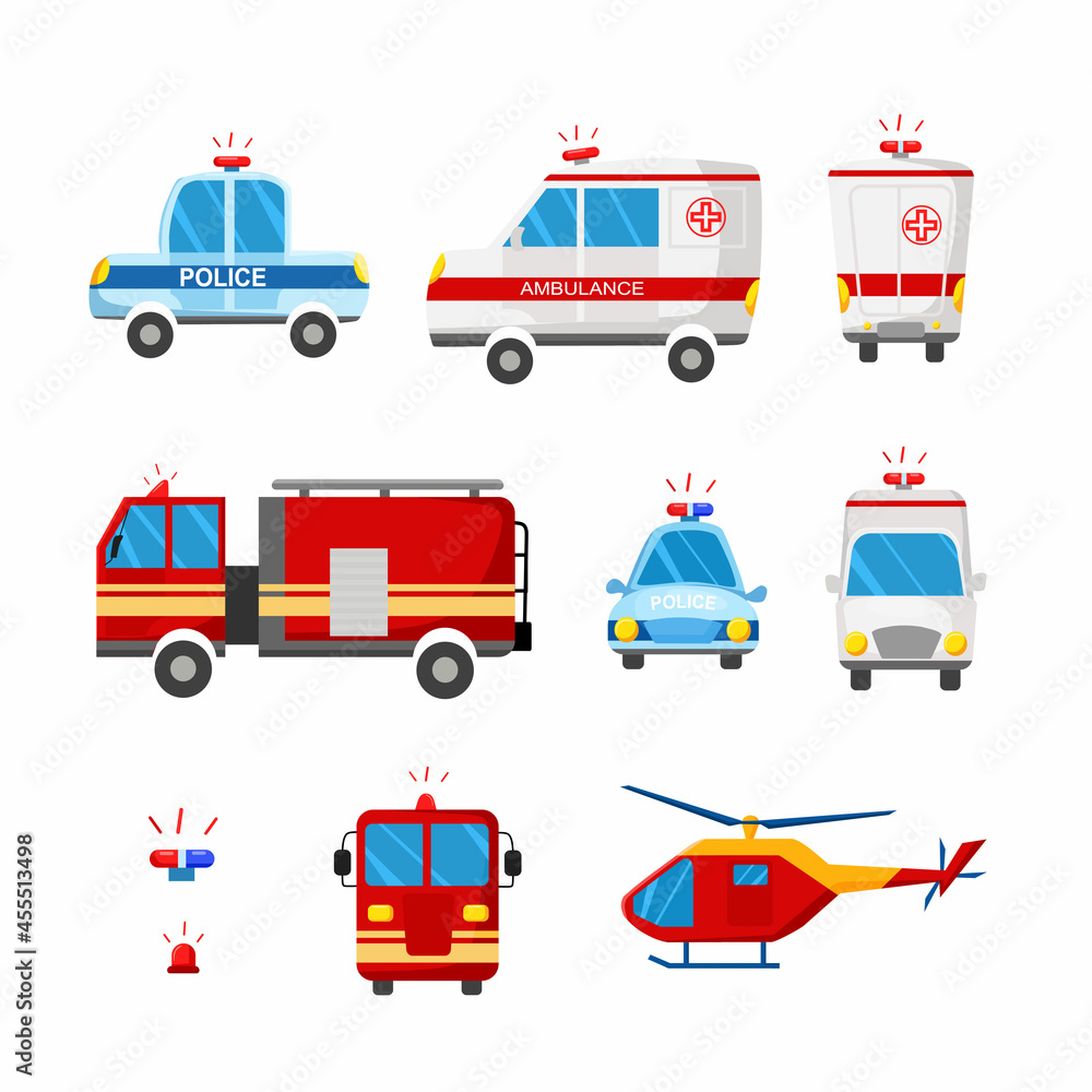 Emergency services. Cartoon vector illustration of ambulance, police ...