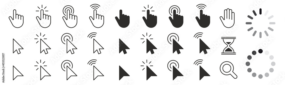 Mouse click cursor set. Hand Cursor. Click icon. Mouse pointer set. Arrow cursor. Vector ...