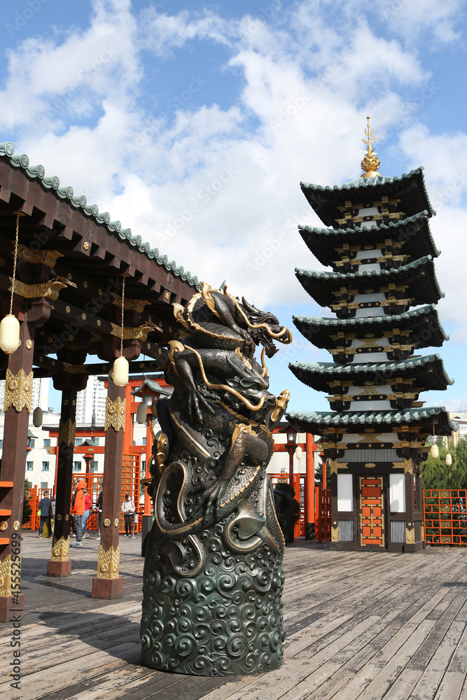 Dragon. Detail of house in Japanese style. Asian architecture. Little ...