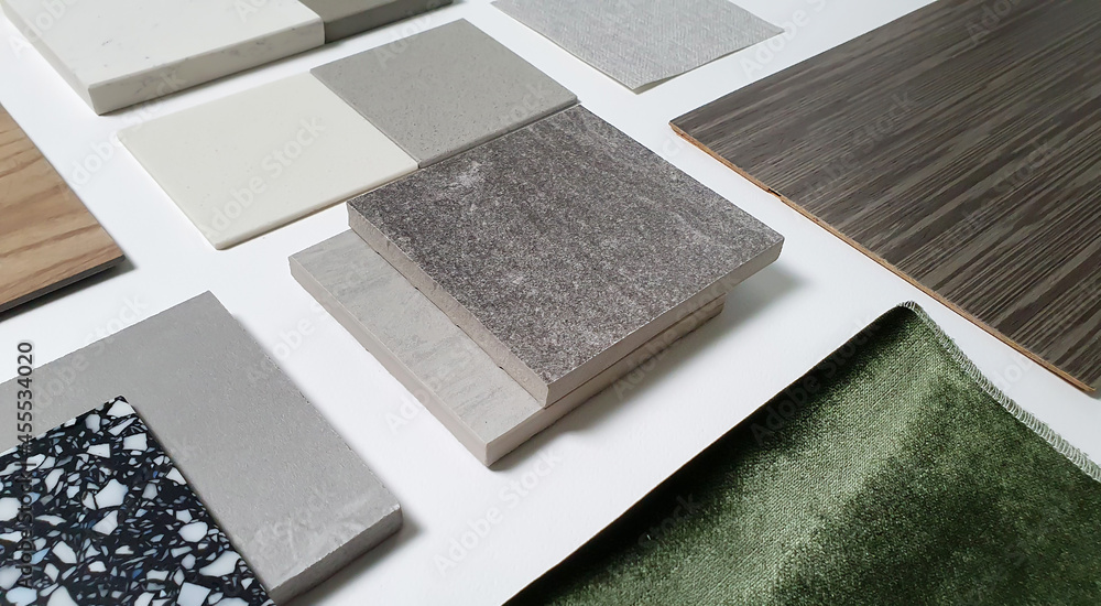 samples of interior material consists concrete tile, wooden laminated ...