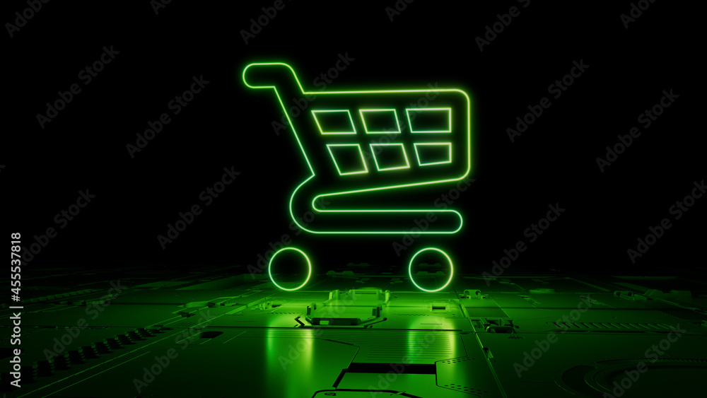 Green Ecommerce Technology Concept with shopping symbol as a neon light ...