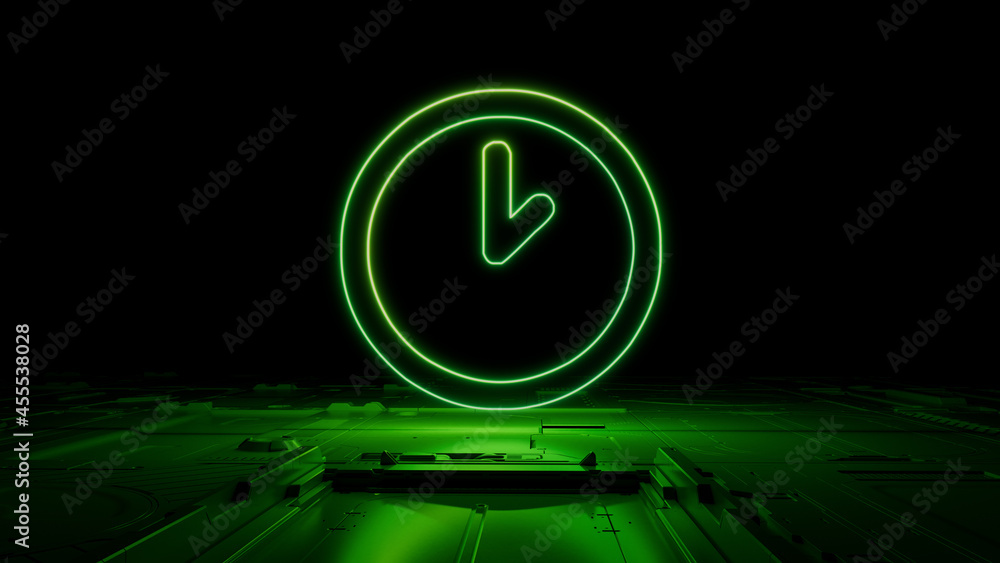 Green neon light clock icon. Vibrant colored Time technology symbol, on ...
