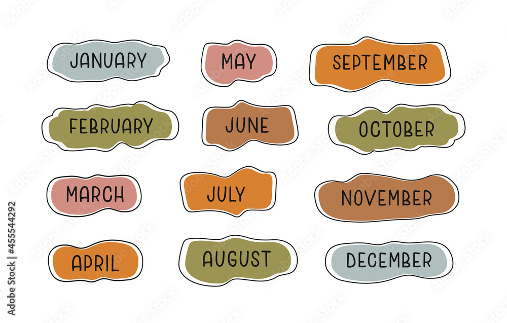 Handwritten colorful names of months on white background. Modern bright ...