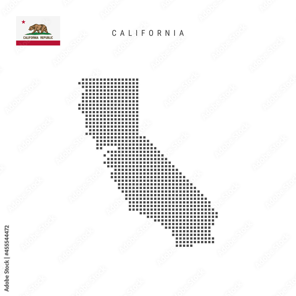 Square dots pattern map of California. Dotted pixel map with flag ...