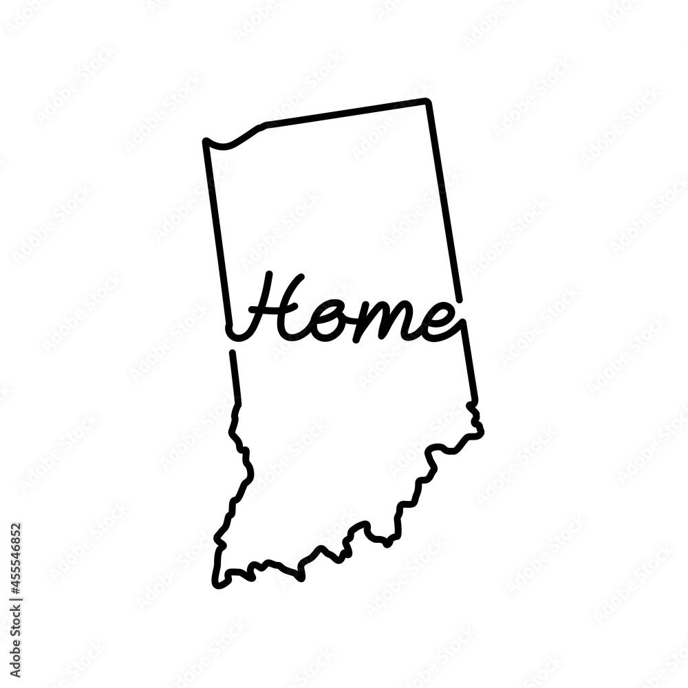 Indiana US state outline map with the handwritten HOME word. Continuous ...