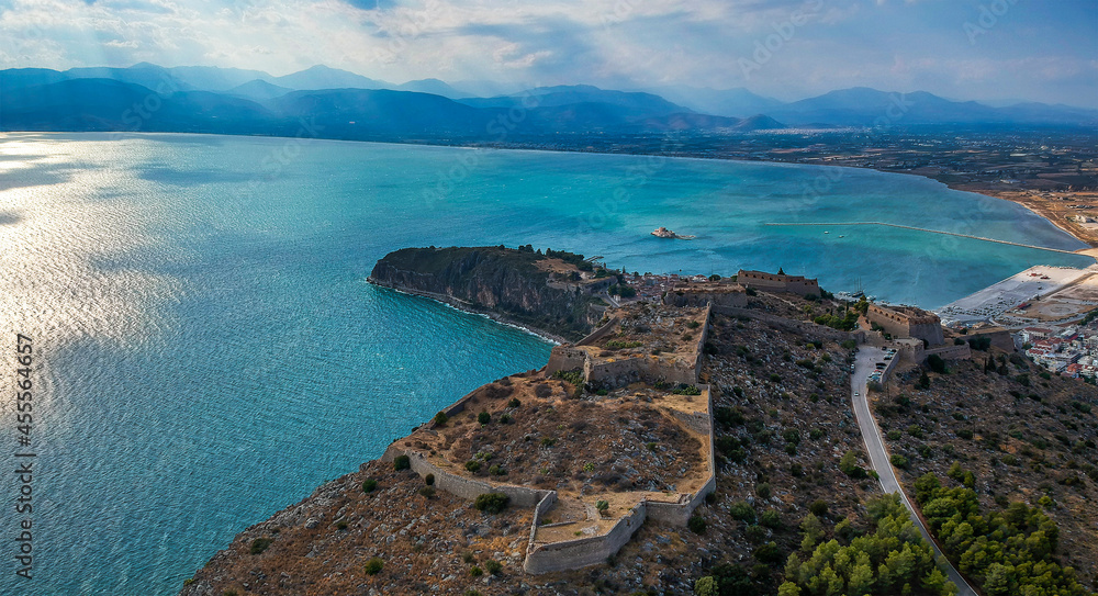Aerial dramatic view over the medieval Venetian fortress of Palamidi ...