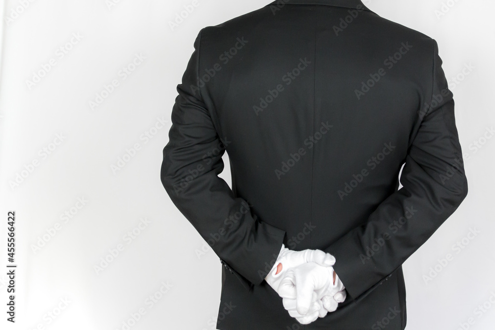 Portrait of Butler or Waiter in Black Suit and White Gloves Holding ...