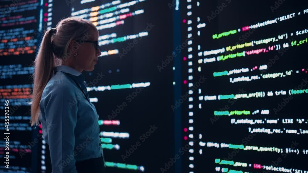 High-Tech Startup Concept: Innovative Female Software Engineer Standing ...