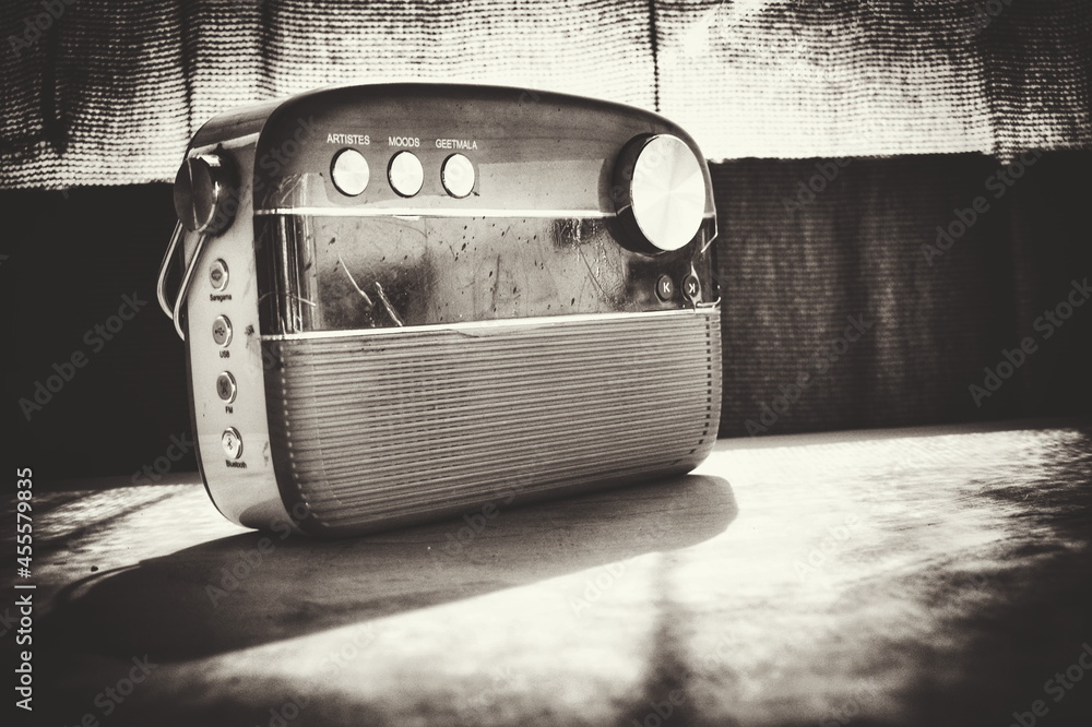 Gray and black photo of vintage transistor radio Stock Photo | Adobe Stock
