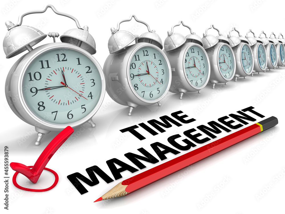 Time management. The check mark. Alarm clocks in a row on a white ...