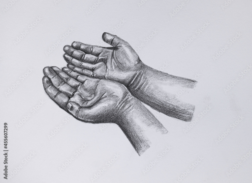 Sketch begging hands. Drawing hands praying for blessing on white paper ...