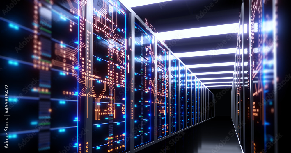 Corridor of server room with server racks in datacenter. 3d ...