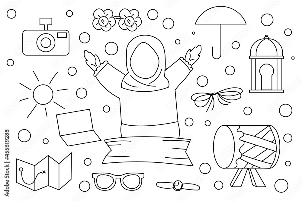 Set Of vector doodle hijab kids isolated on white background. line ...