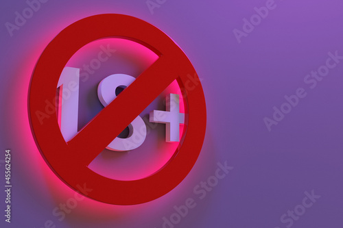 3d illustration of a red glowing 18 years age restriction sign on a ...