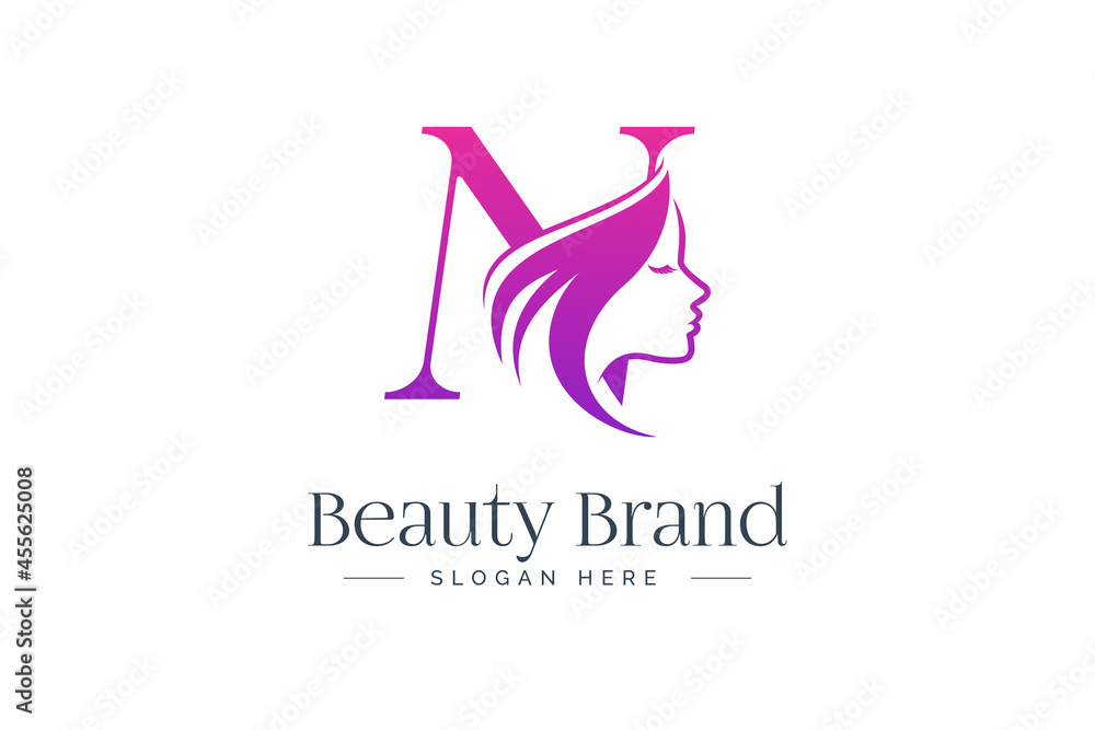 Letter N beauty logo design. Woman face silhouette isolated on letter N ...