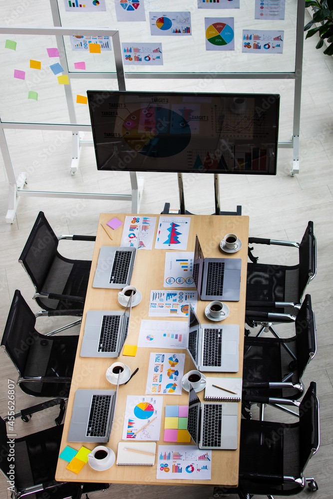 Top view shot of meeting room working table in empty company office ...