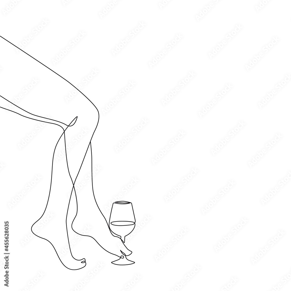 Woman Legs and Wine Glass Line Art Drawing. Abstract Female Legs One ...