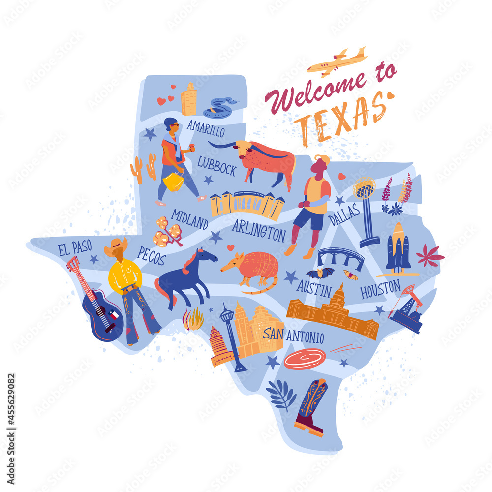 Texas map with landmarks icons set. Traditional symbols, people and ...