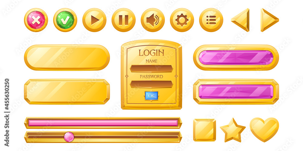 Golden buttons for user interface design in game, video player or ...